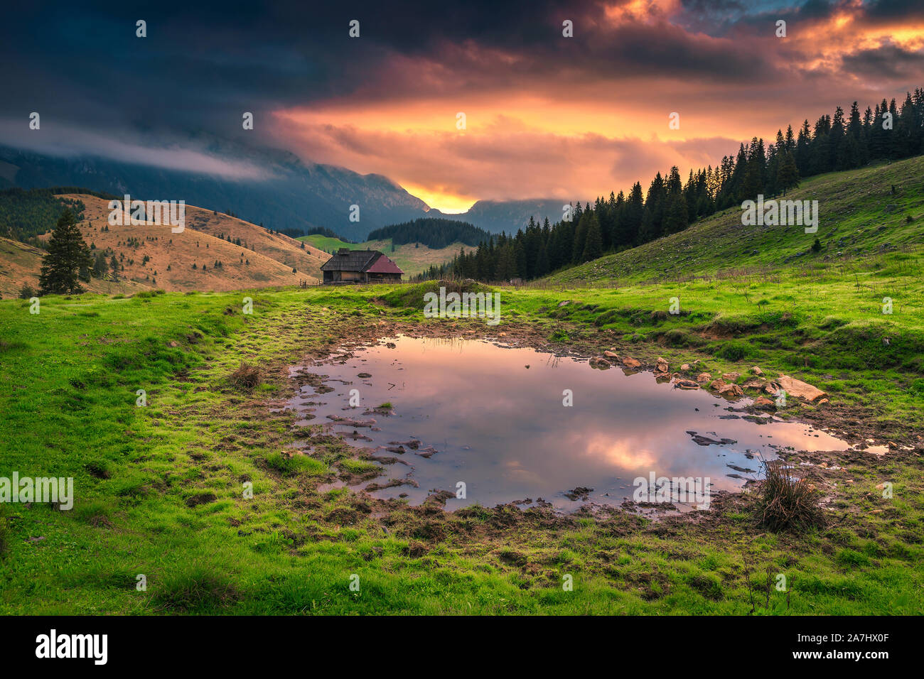 Amazing alpine rural location with lake and high misty Piatra Craiului ...