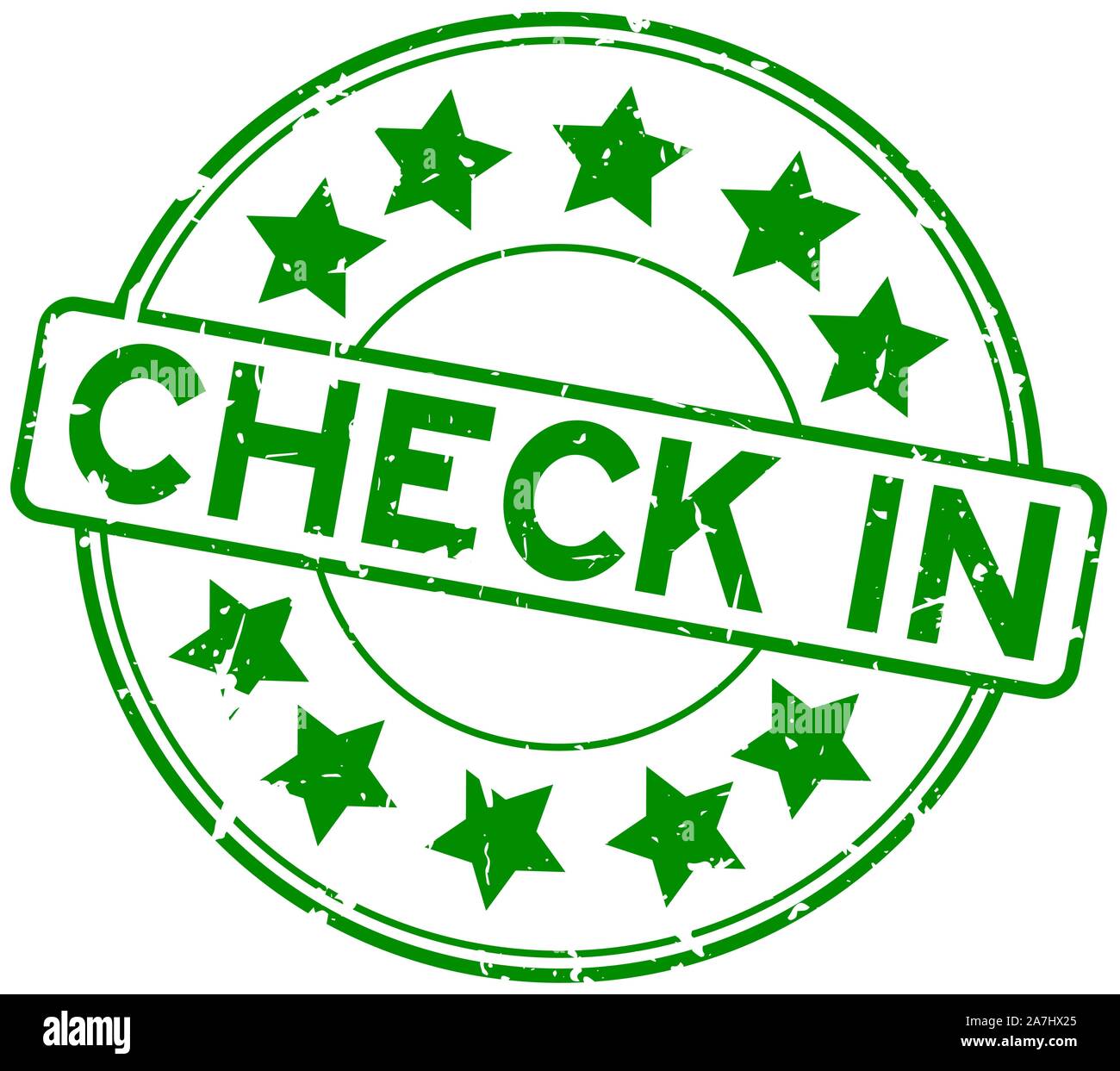 Grunge green check in word with star icon round rubber seal stamp on ...
