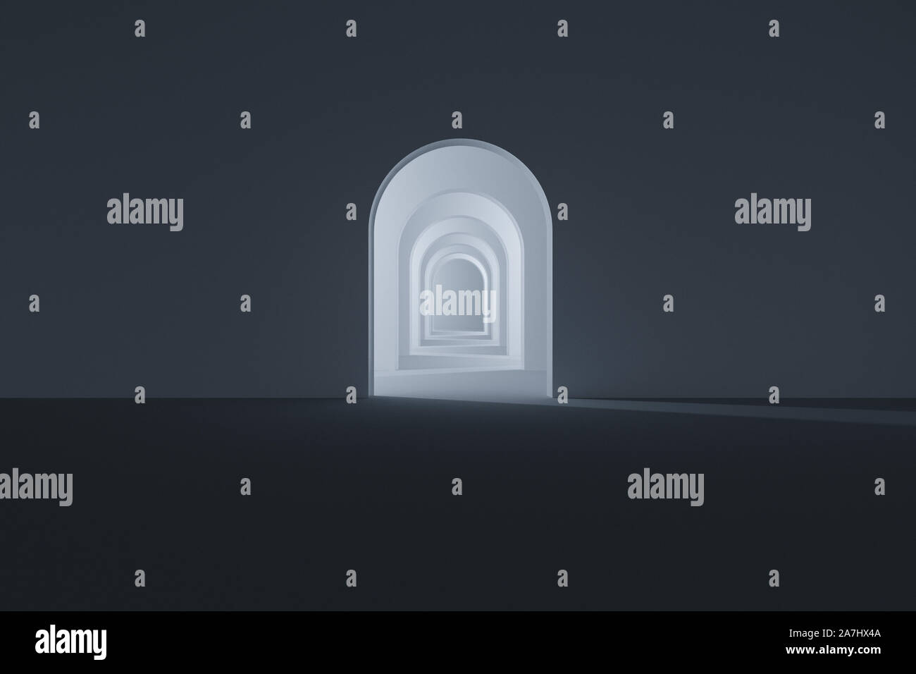 Dark room with a glowing and bright door, 3d rendering. Computer ...