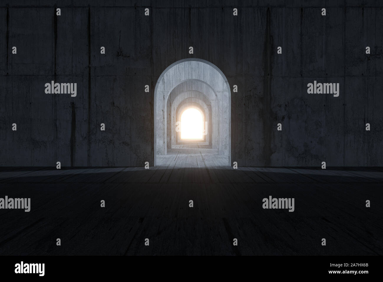 Dark room with a glowing and bright door, 3d rendering. Computer ...