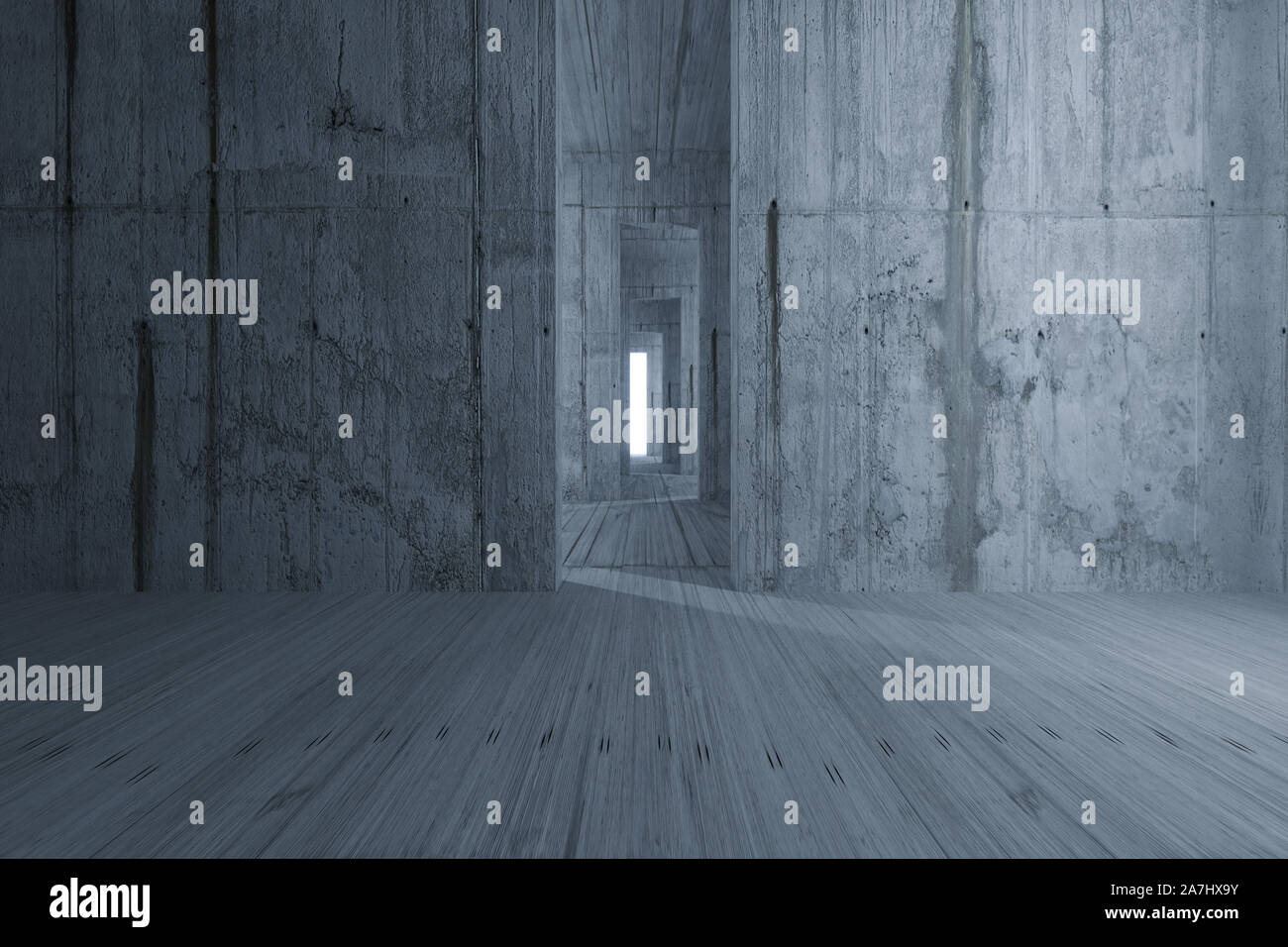 Dark room with a glowing and bright door, 3d rendering. Computer ...