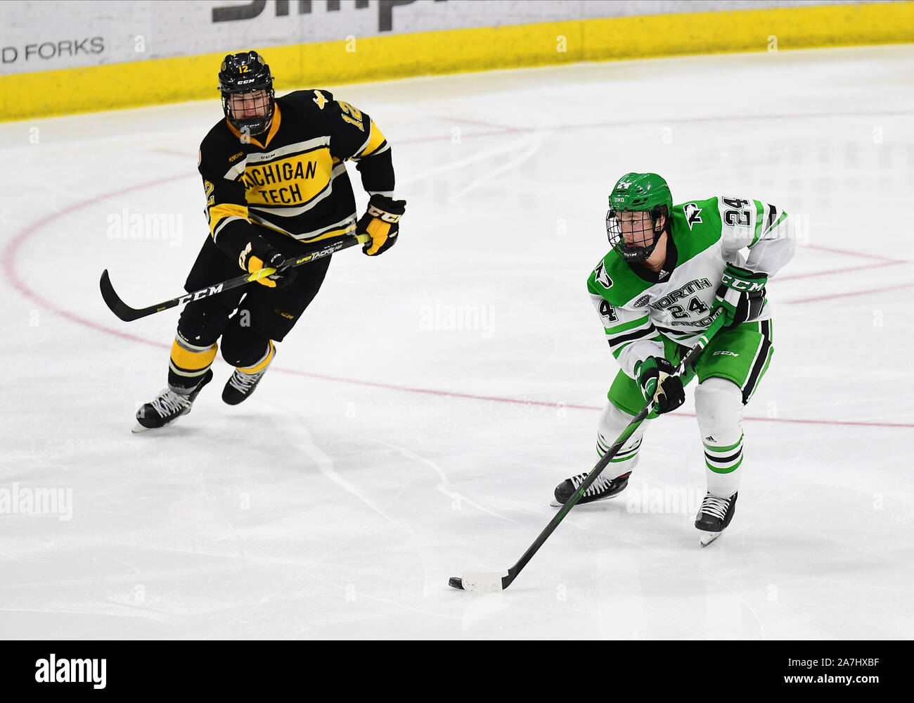 November 2, 2019 North Dakota Fighting Hawks defenseman Jacob Bernard ...