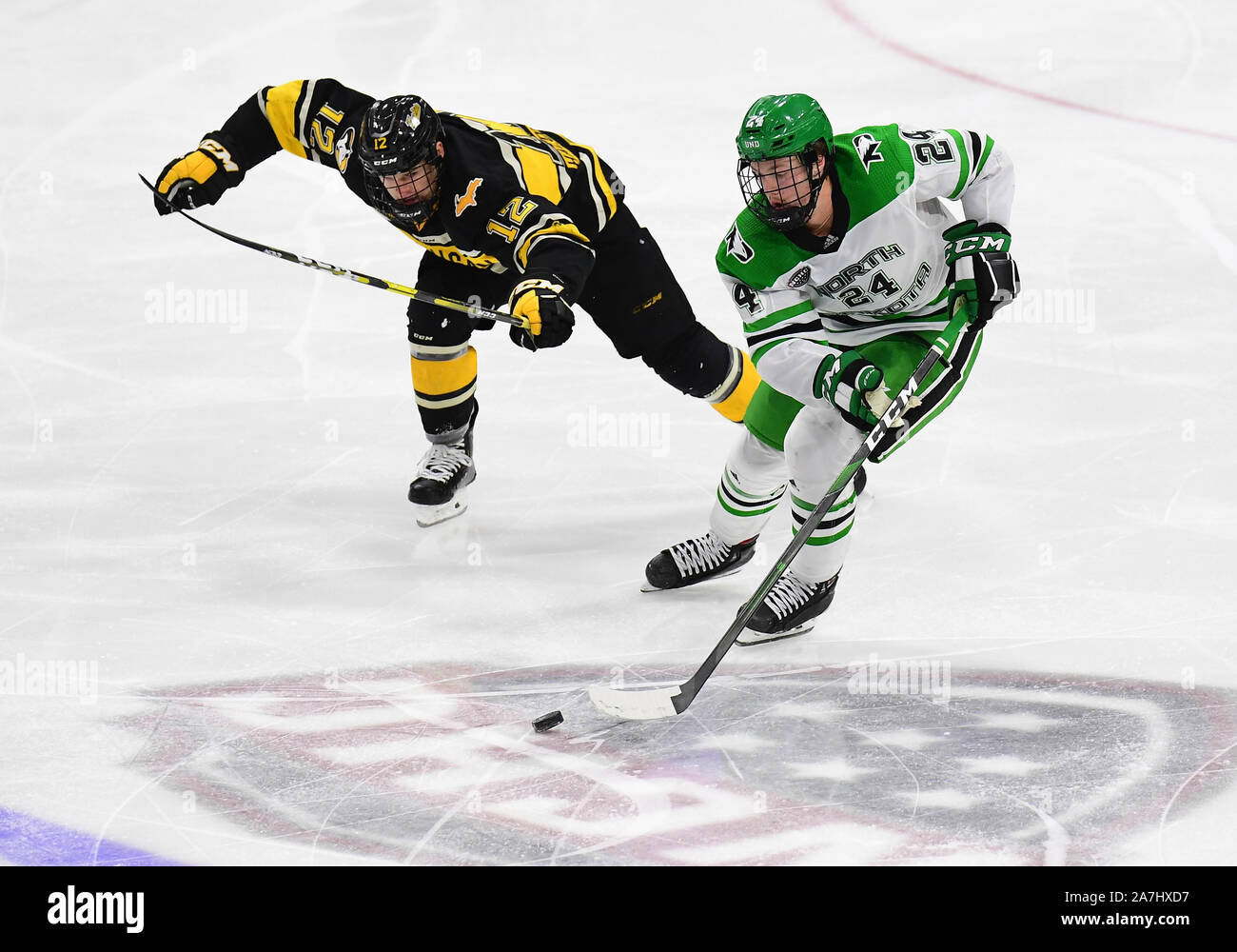 November 2, 2019 North Dakota Fighting Hawks defenseman Jacob Bernard ...