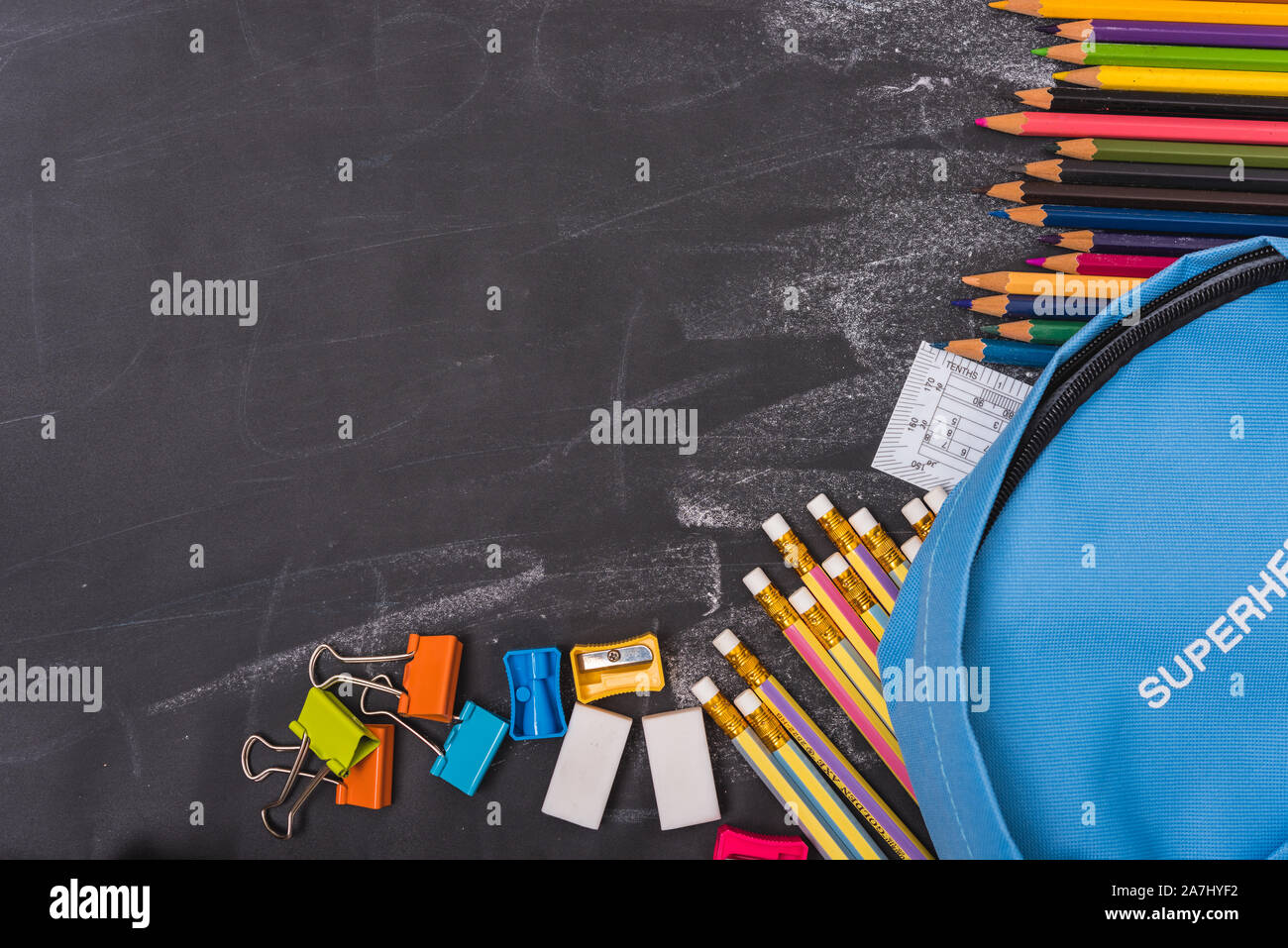 Back to school shopping backpack, Accessories in student blue bag on ...