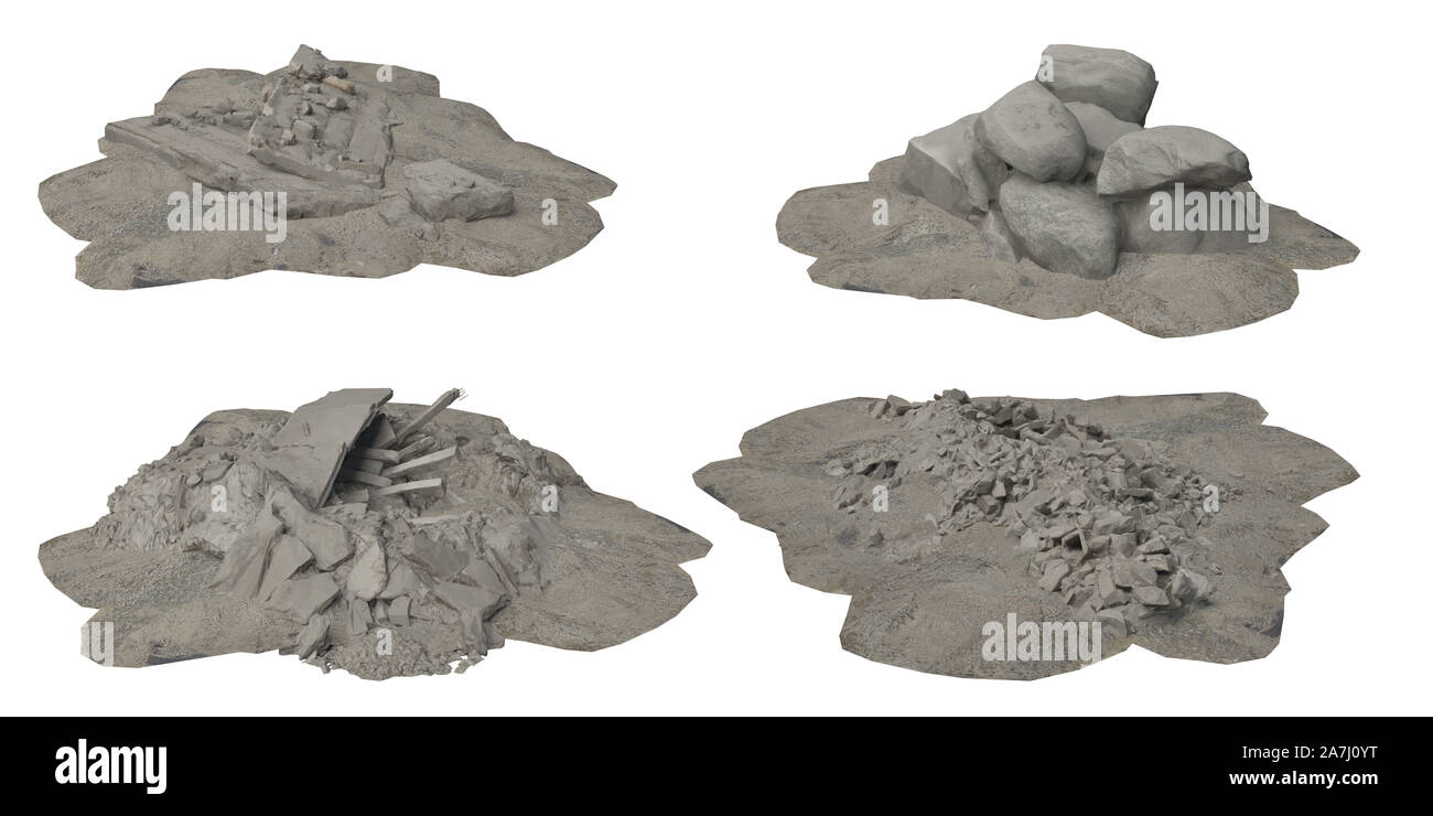 3D illustration heaps of rubble and debris isolated on white background ...