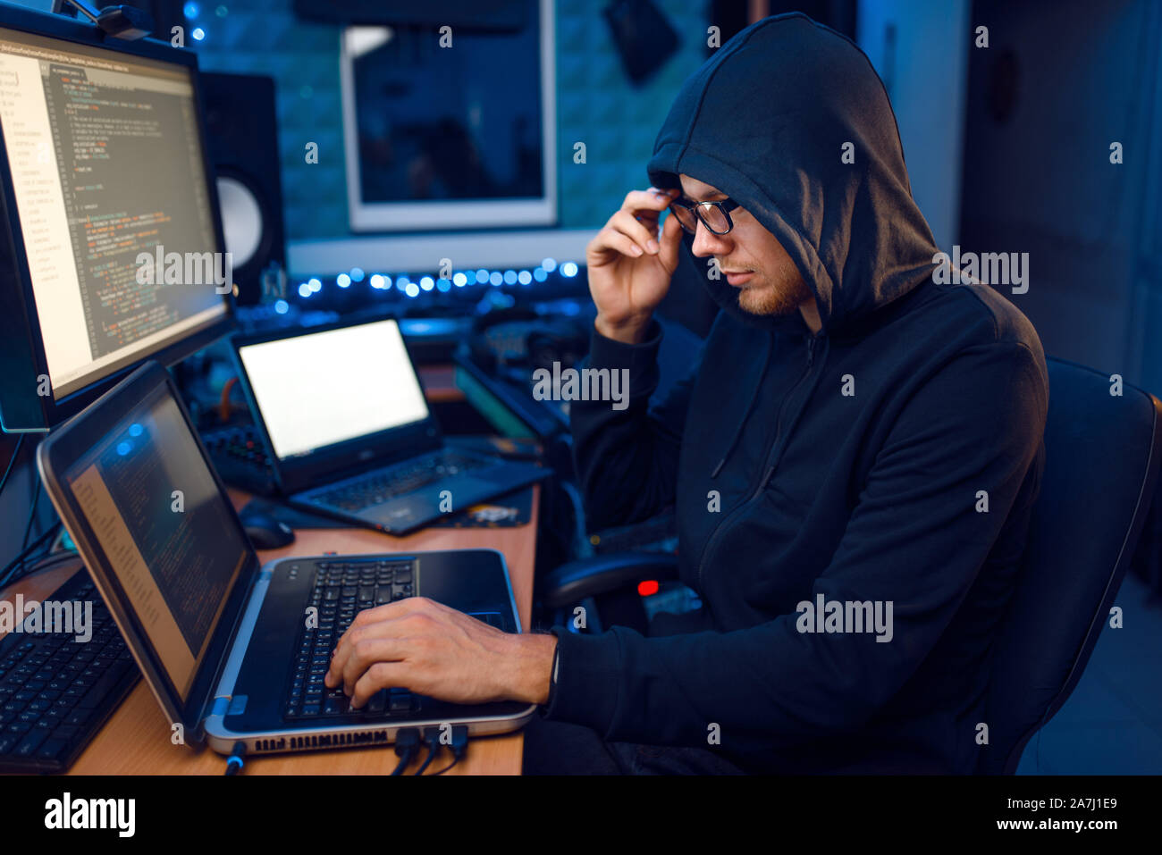 Hacker in hood at his workplace, corporate hacking Stock Photo - Alamy