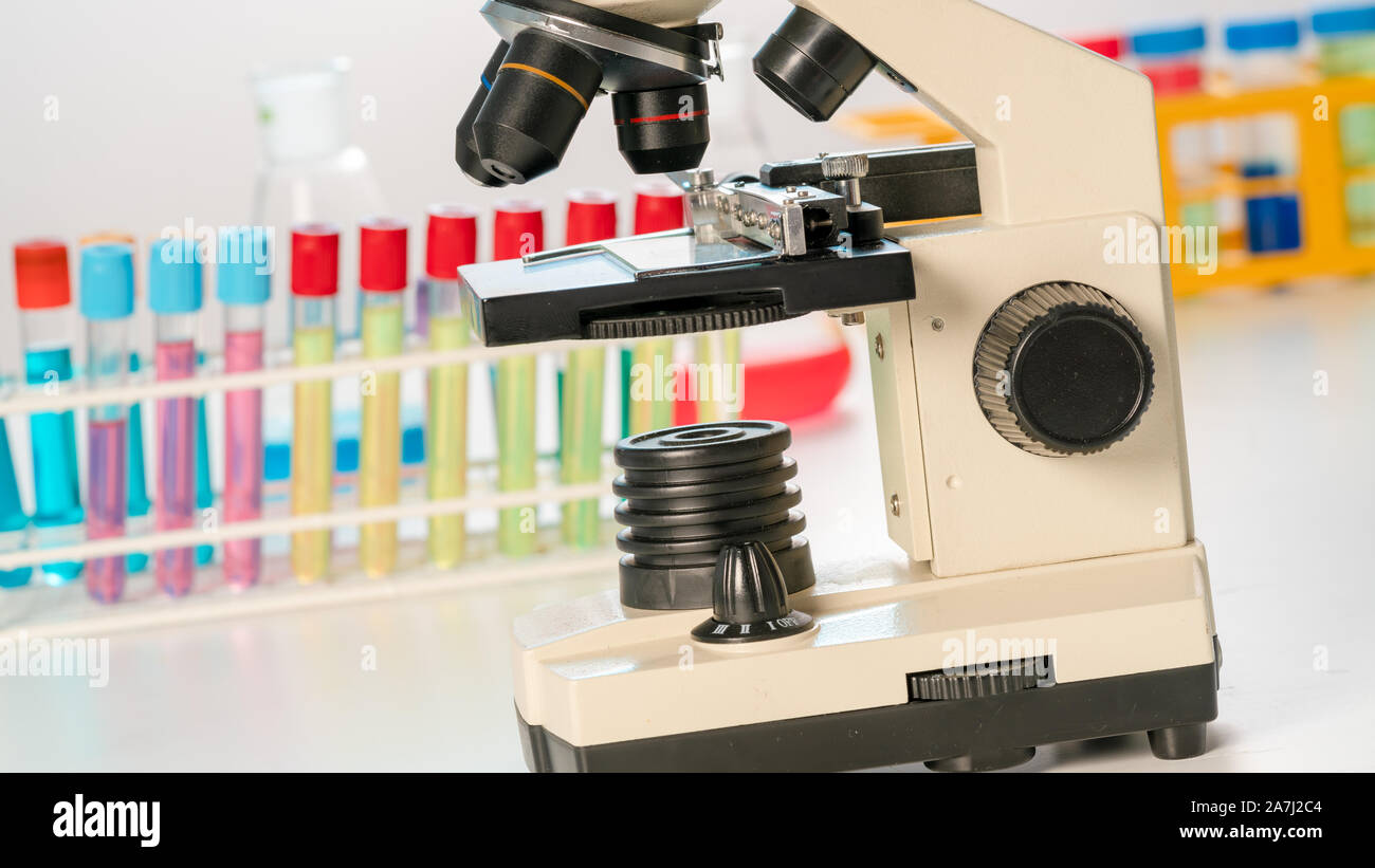 Test tubes and flasks and microscope in a chemical laboratory Stock ...