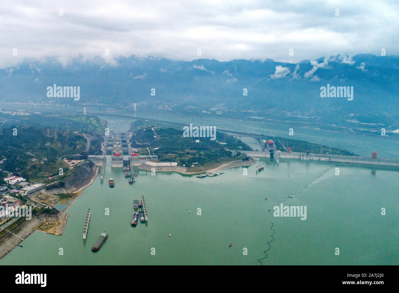 An aerial view of vessels going to and fro at Three Gorges Dam Area on ...