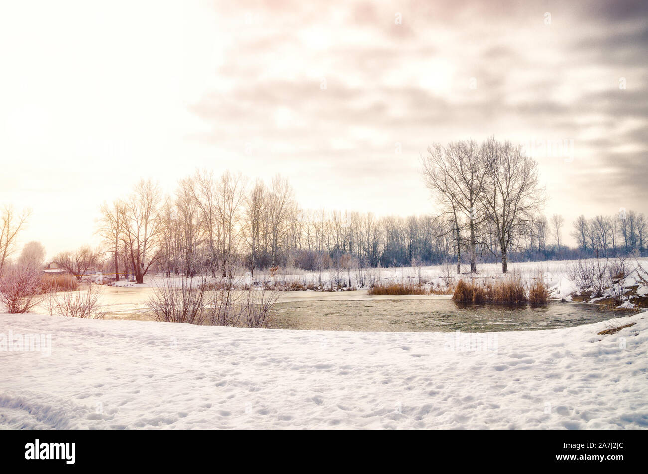winter landscape with pond and snow Stock Photo - Alamy