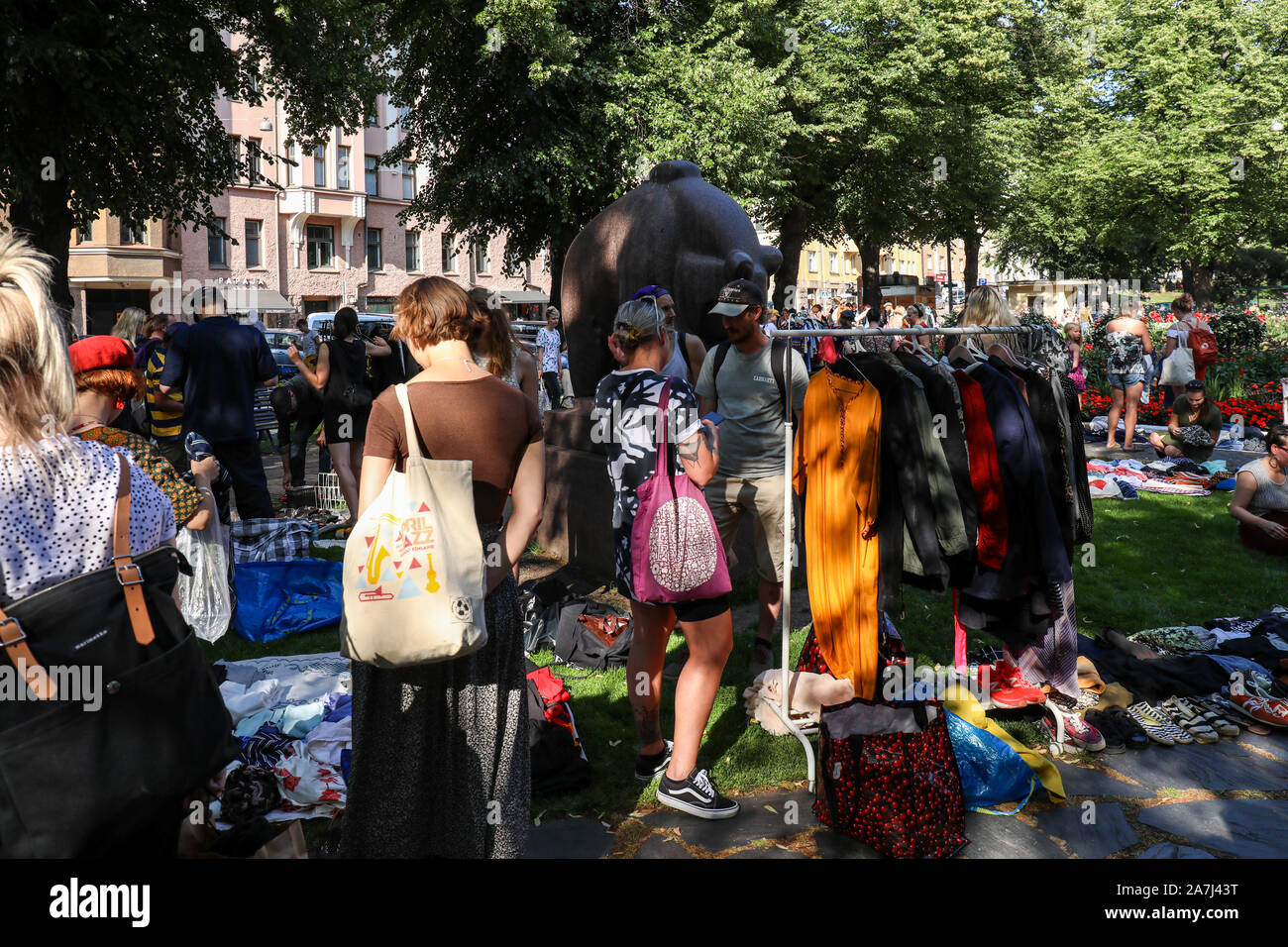 Pop-up swap meet in Karhupuisto (Bear Park) in Kallio district of ...