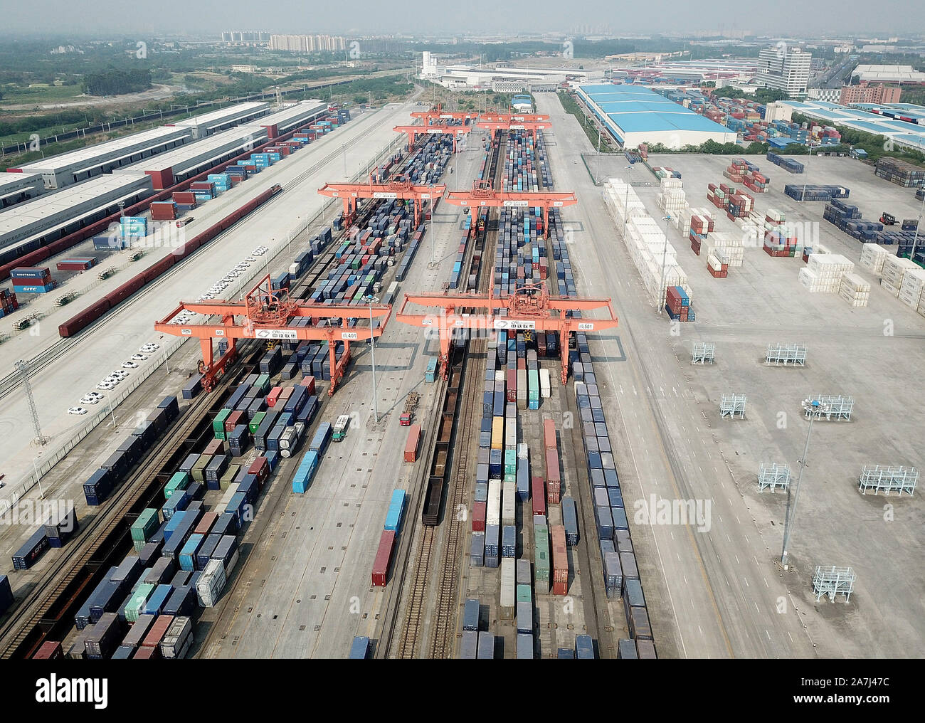 An aerial view of the Qingbaijiang Railway Port where freight trains ...