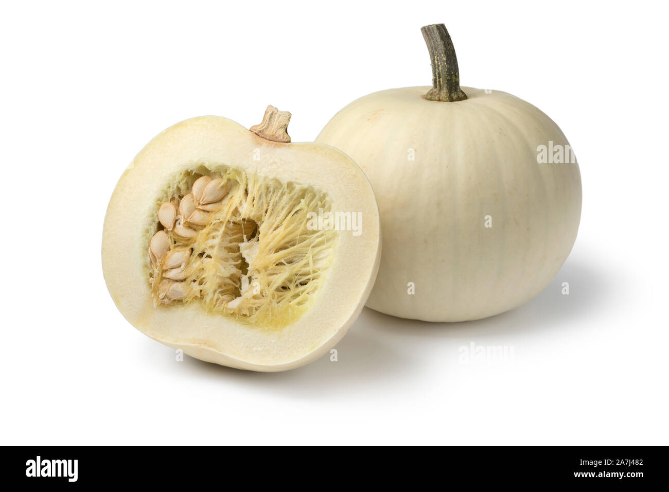 Whole and halved white Lumina pumpkin isolated on white background ...