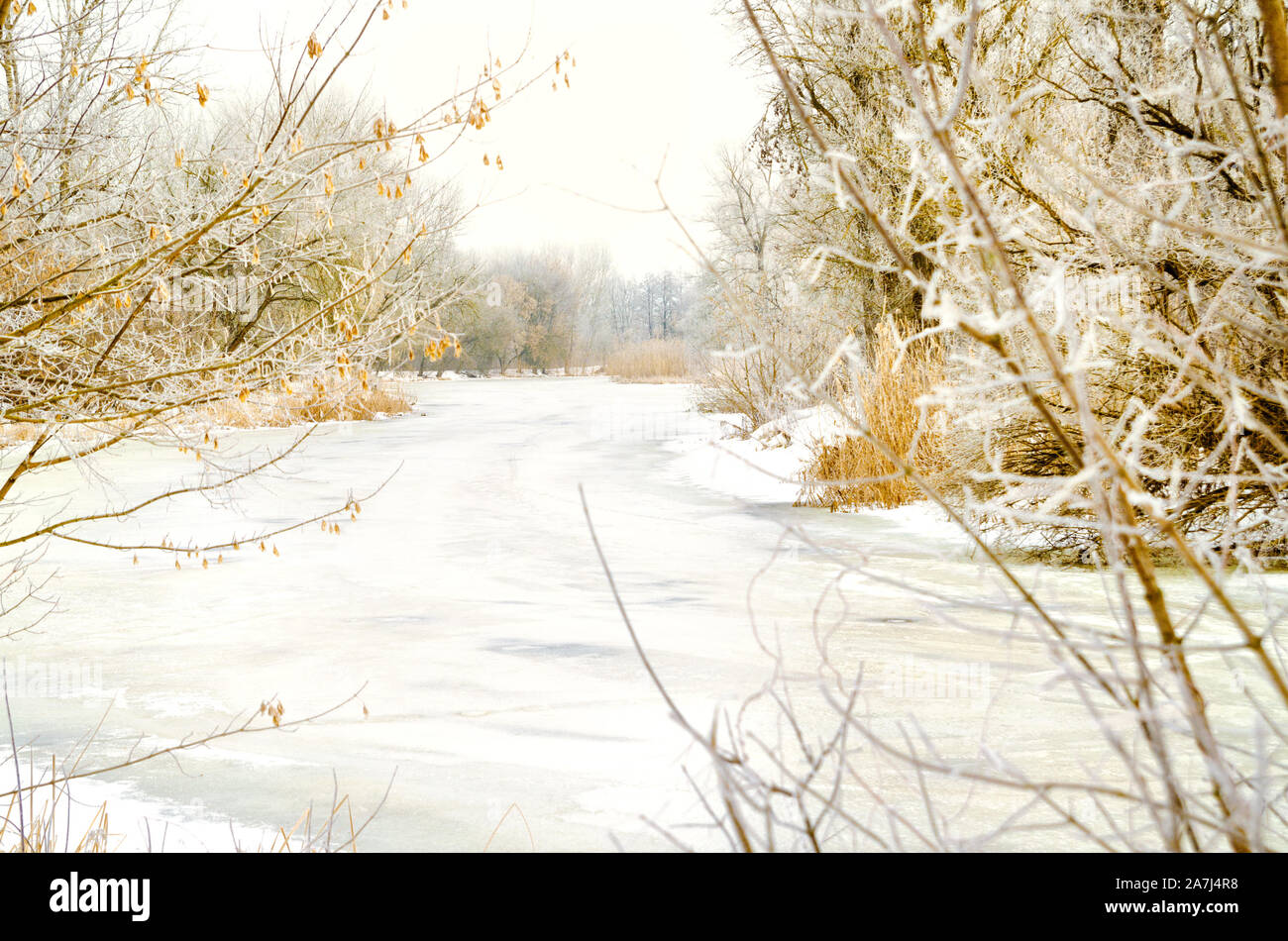 winter landscape of river covered with ice Stock Photo - Alamy
