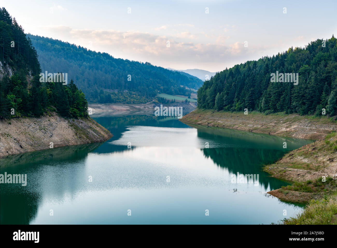 Beautiful aqua and blue colors of the lake Zaovine on Tara mountain ...