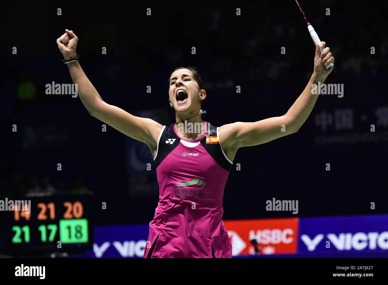 Spanish professional badminton player Carolina Marin competes against ...