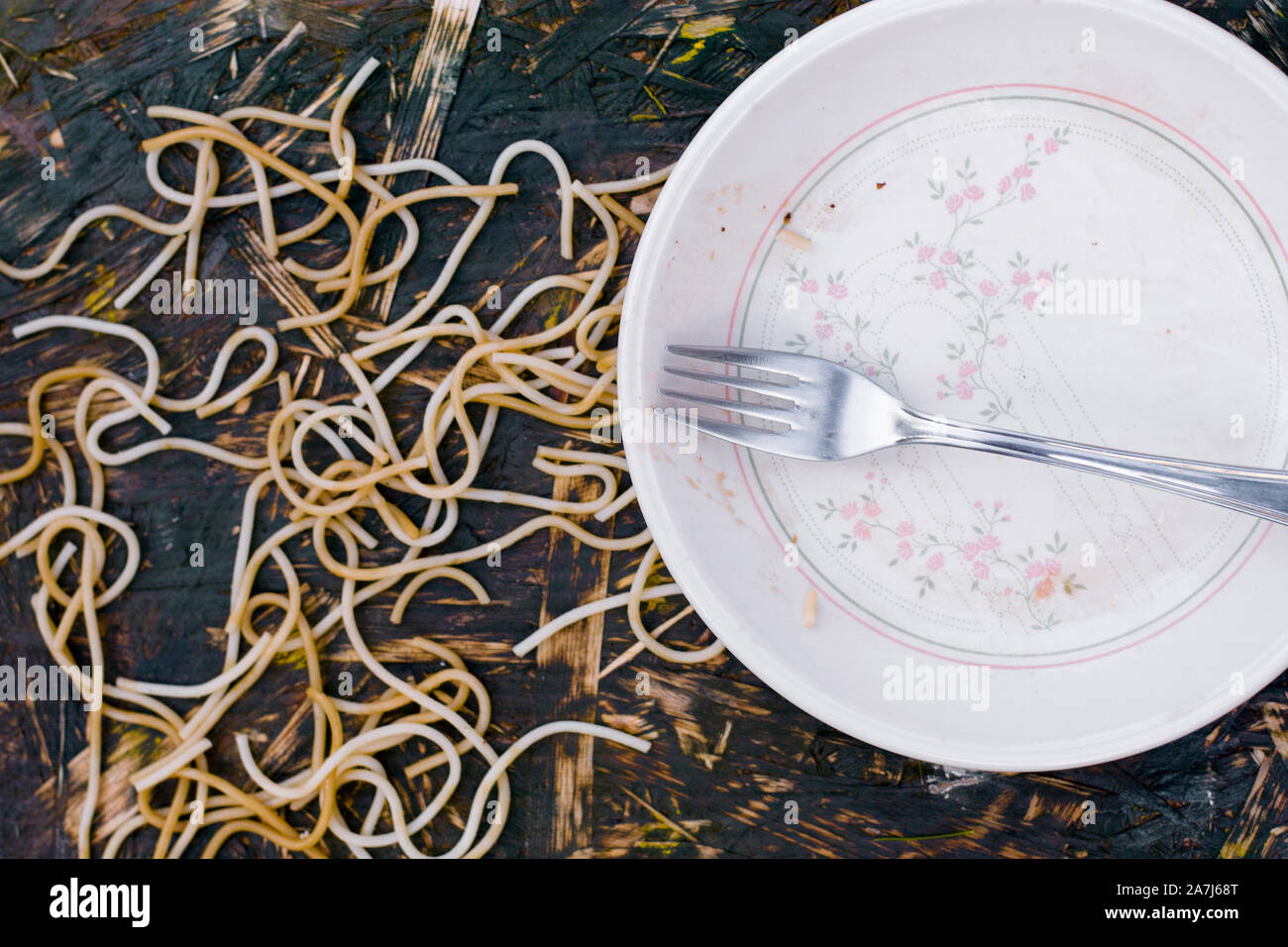 Overhead shot of an empty plate and spaghetti left around on mess Stock ...