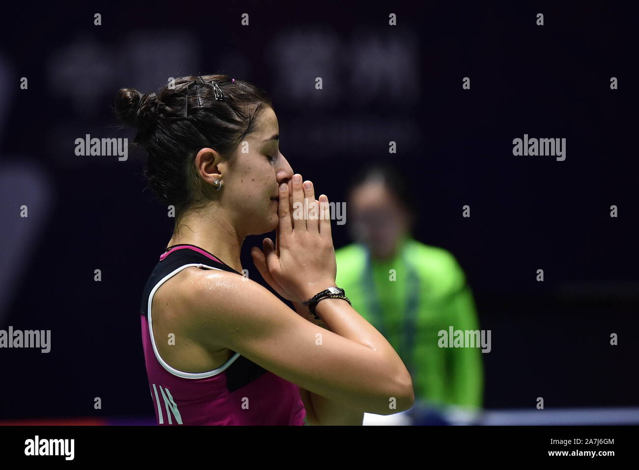 Spanish professional badminton player Carolina Marin competes against ...