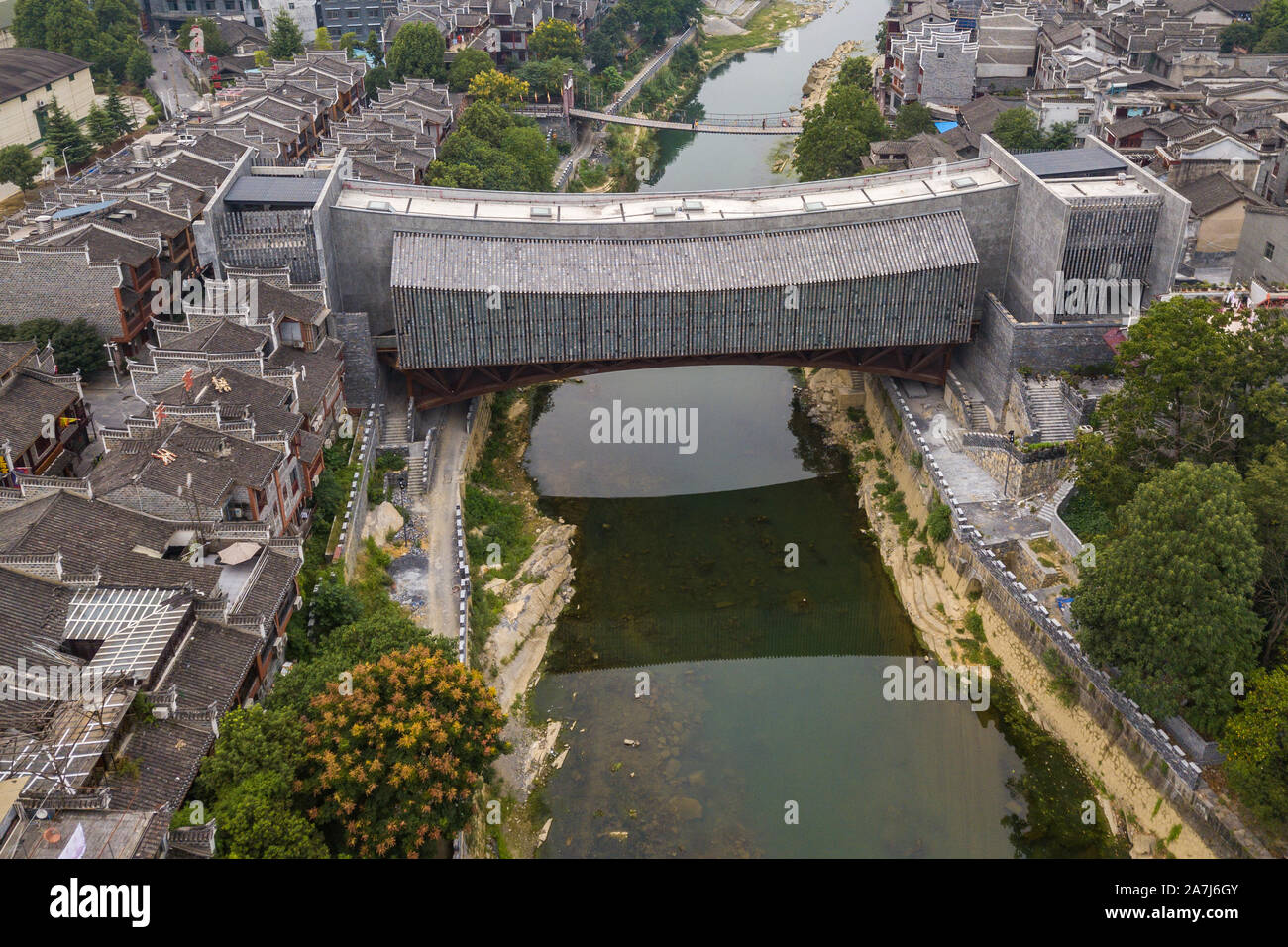 An aerial view of Jishou Art Gallery, Asia's first two-storey bridge ...