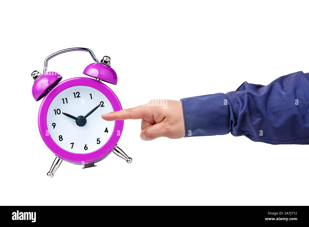 Hand pointing at vintage colorful clock alarm isolated on white Stock ...