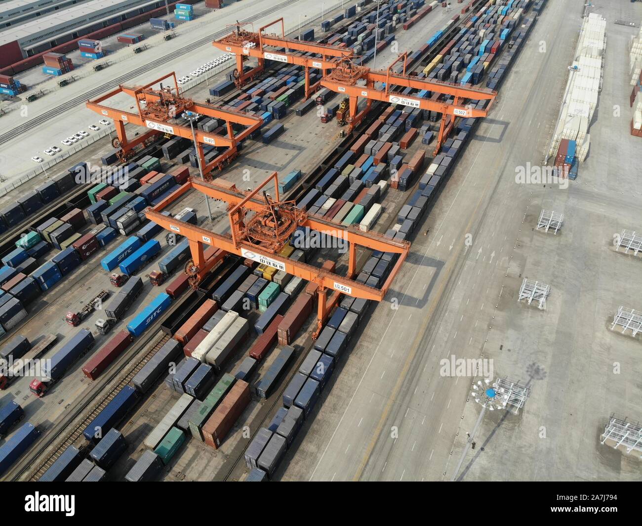 An aerial view of the Qingbaijiang Railway Port where freight trains ...