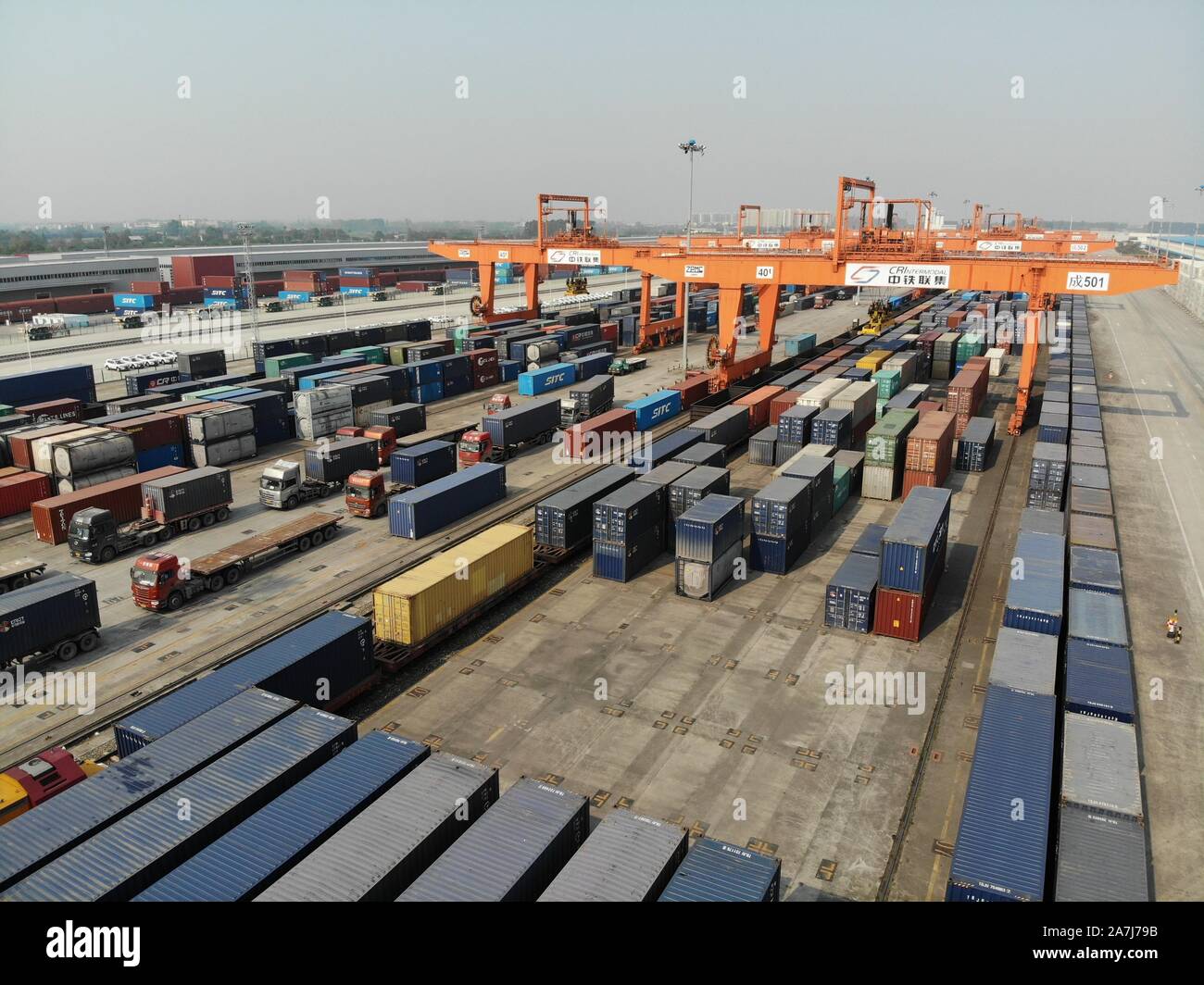 An aerial view of the Qingbaijiang Railway Port where freight trains ...