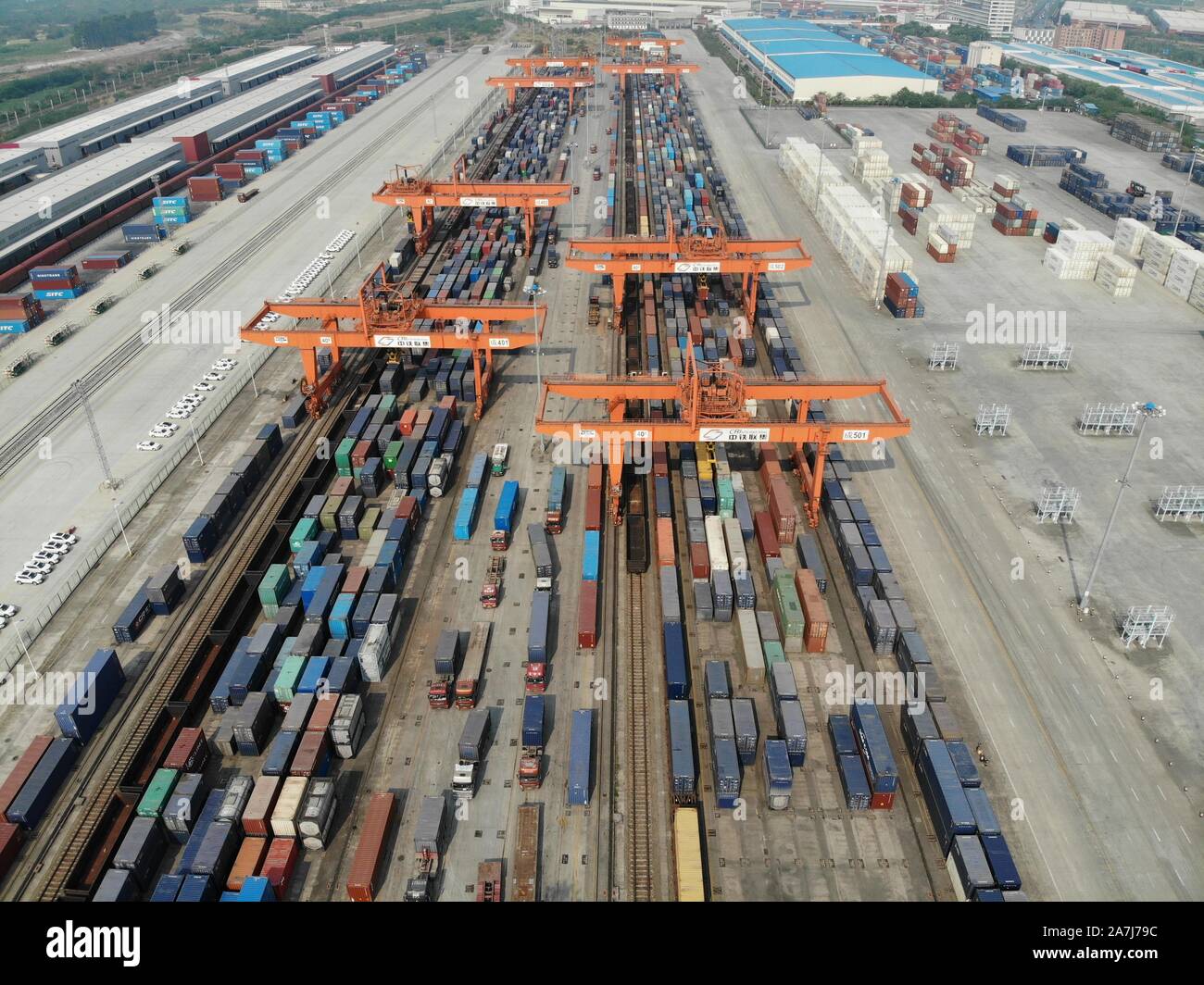 An aerial view of the Qingbaijiang Railway Port where freight trains ...