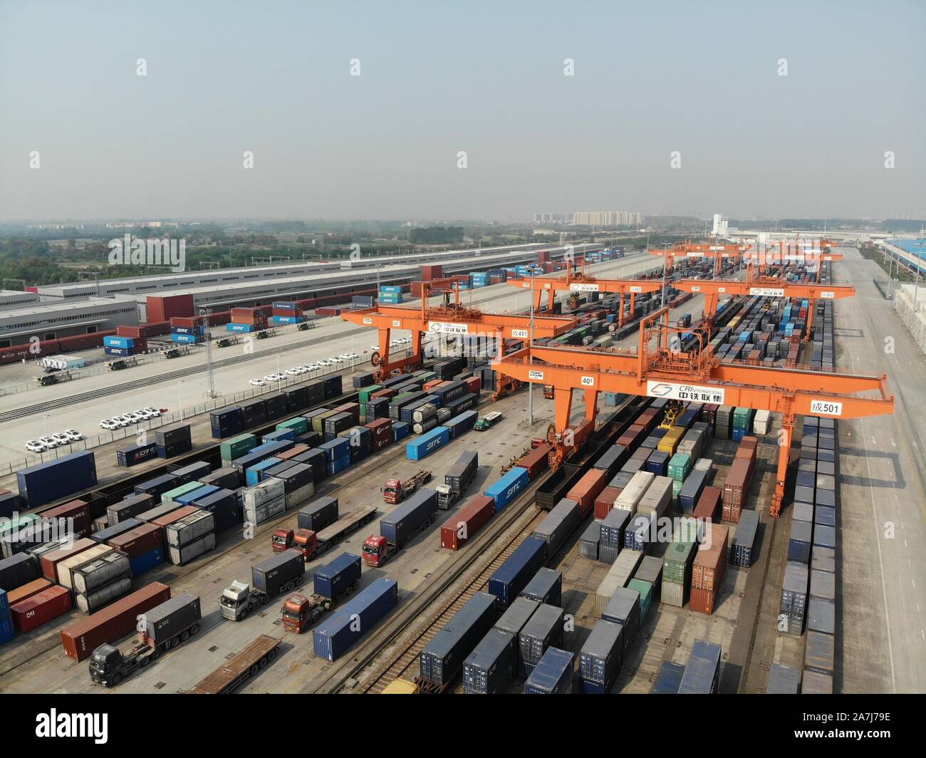 An aerial view of the Qingbaijiang Railway Port where freight trains ...