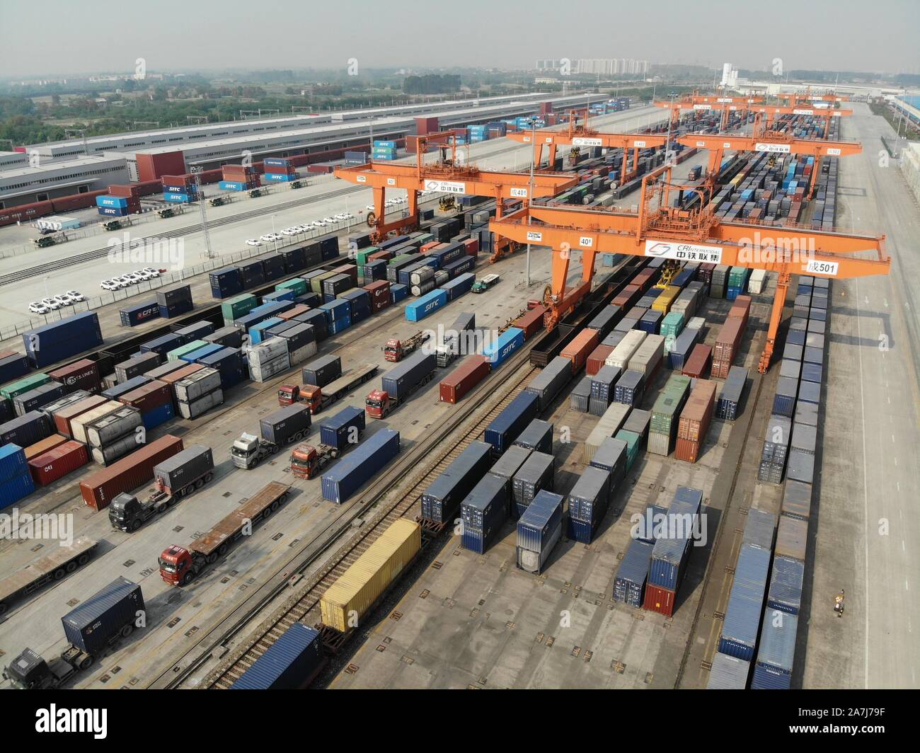 An aerial view of the Qingbaijiang Railway Port where freight trains ...
