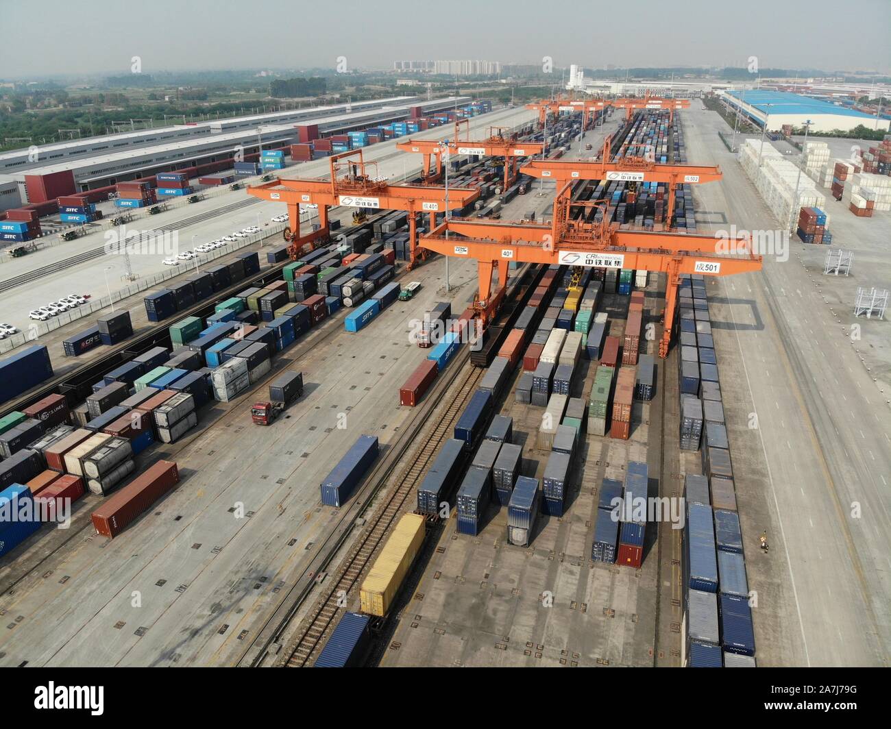 An aerial view of the Qingbaijiang Railway Port where freight trains ...
