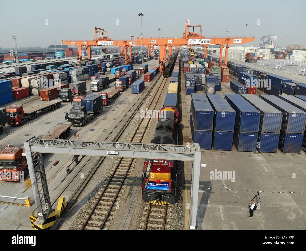 An aerial view of the Qingbaijiang Railway Port where freight trains ...