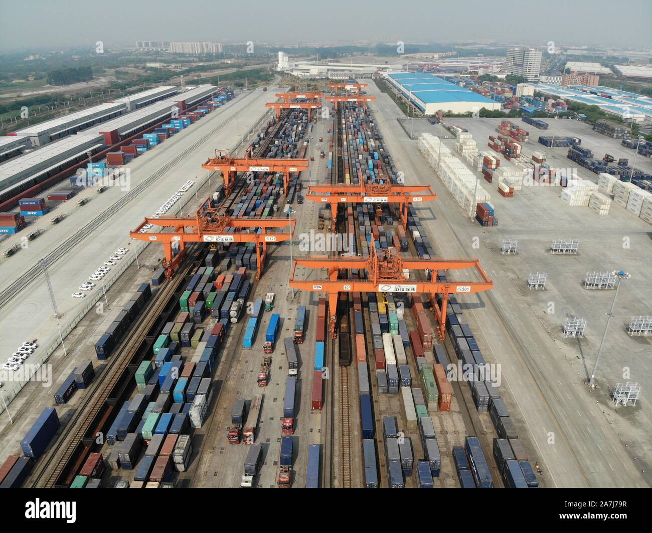 An aerial view of the Qingbaijiang Railway Port where freight trains ...