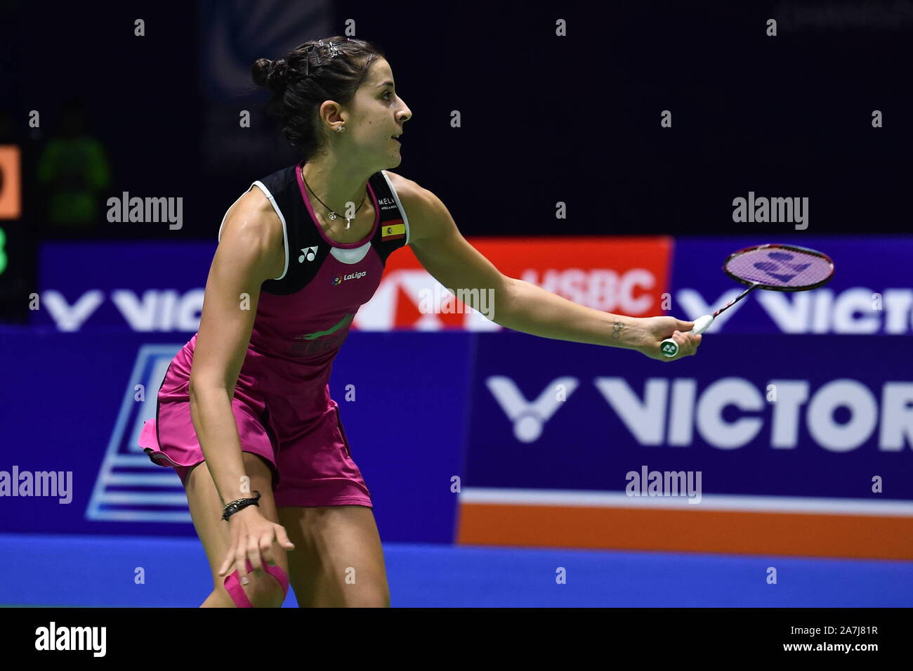 Spanish professional badminton player Carolina Marin competes against ...