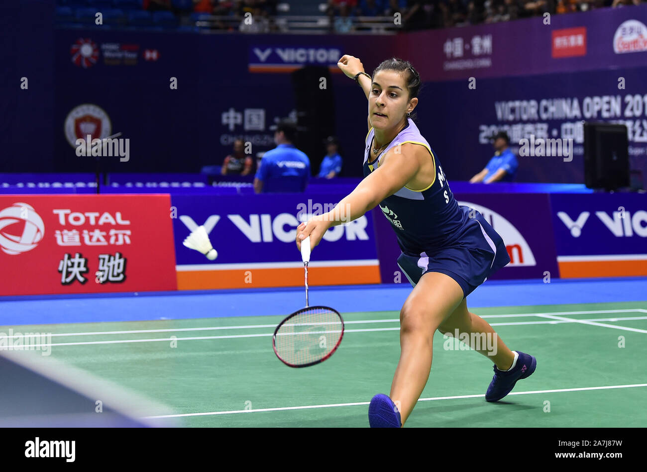 Spanish professional badminton player Carolina Marin competes against ...
