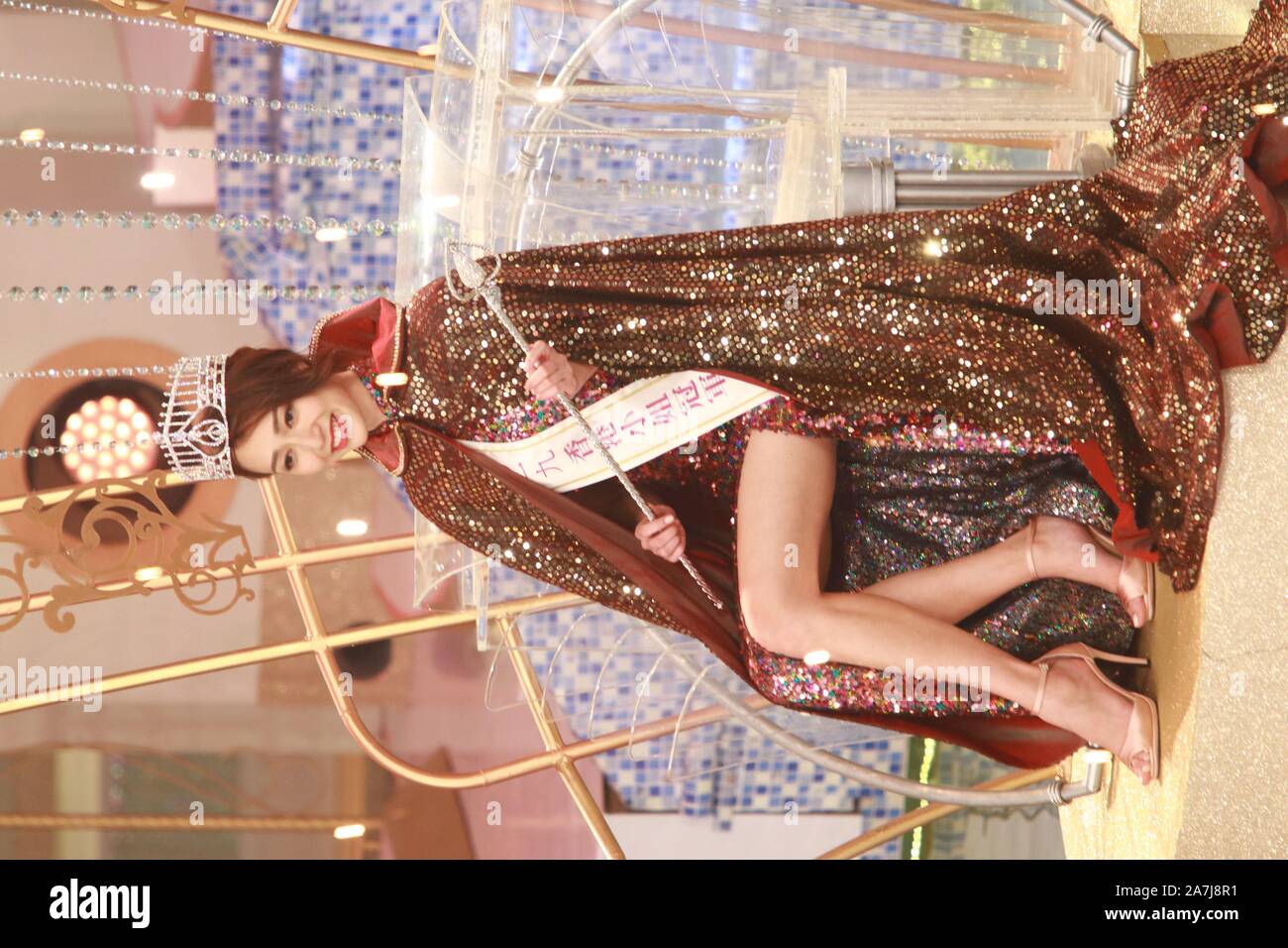 Winner Carmaney Wong poses during the award ceremony after the finale of the Miss Hong Kong ...