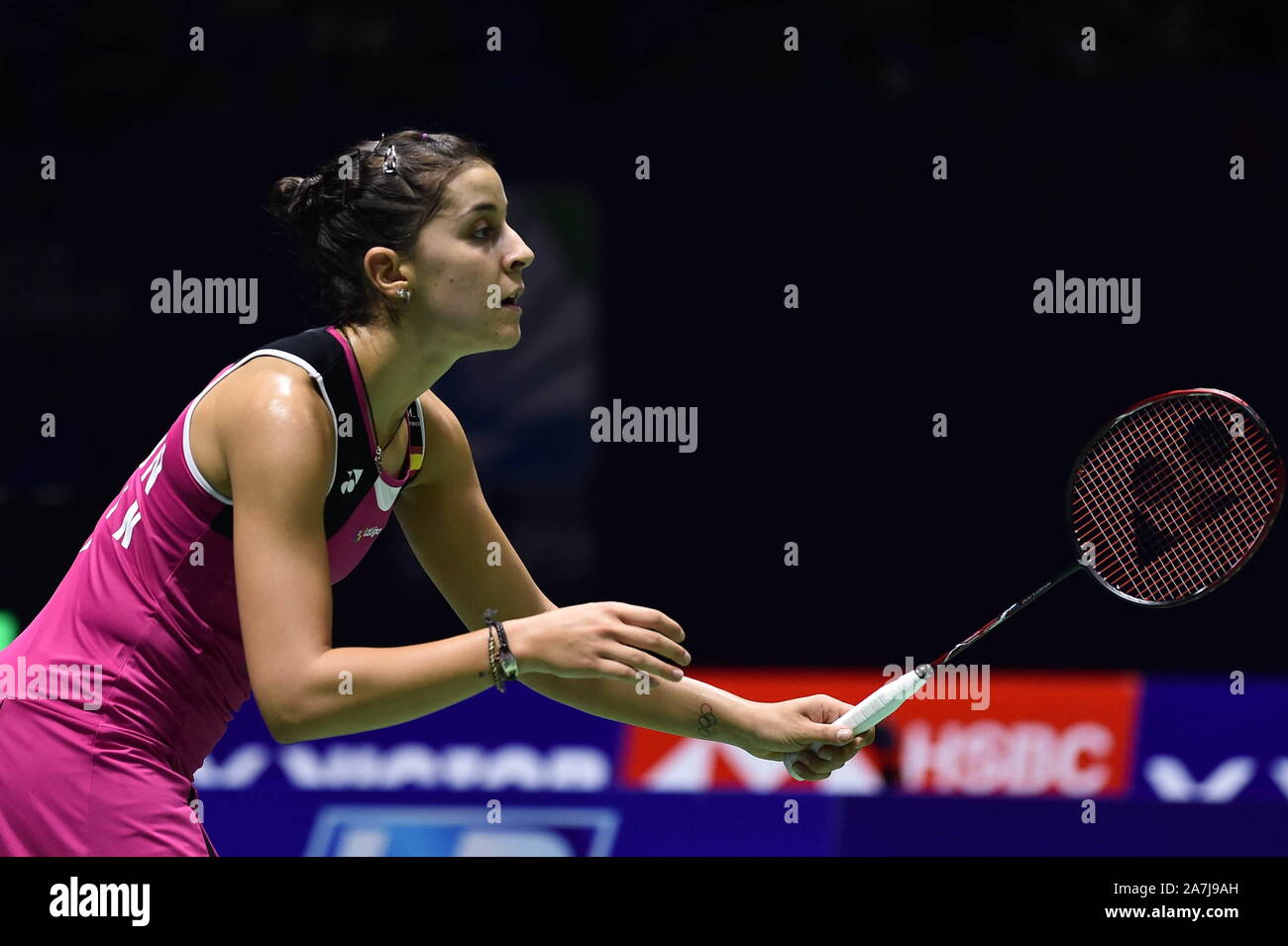 Spanish professional badminton player Carolina Marin competes against ...