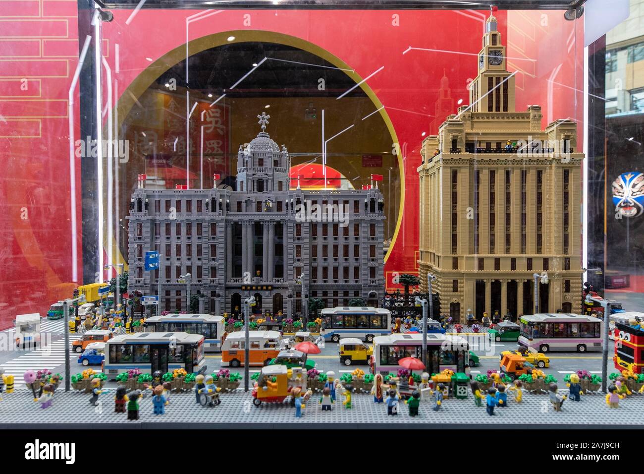 The Lego toy model of the Bund in Shanghai and neighboring road scenes ...