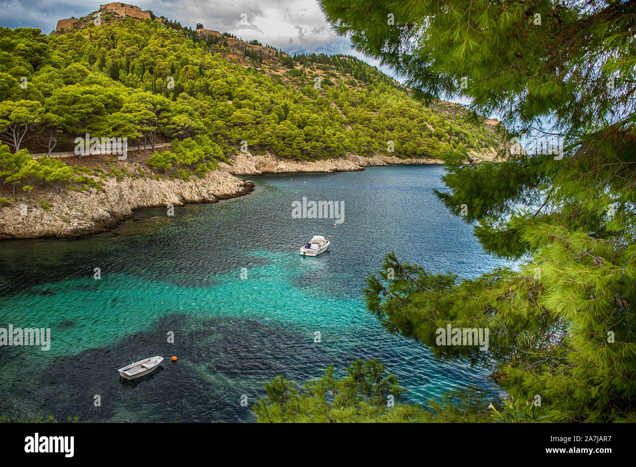 Beautiful landscape with bay and colorful buildings on the background ...