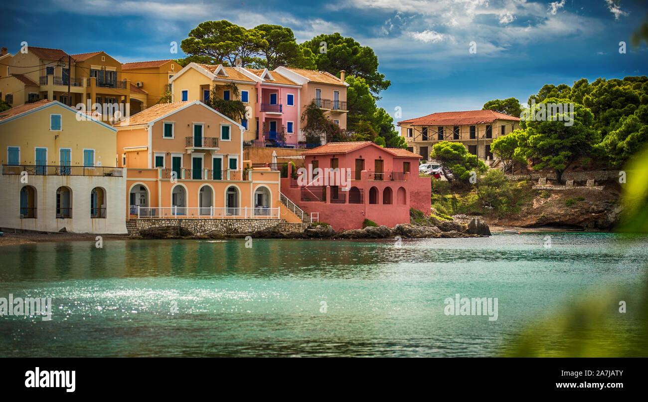 Beautiful landscape with bay and colorful buildings on the background ...