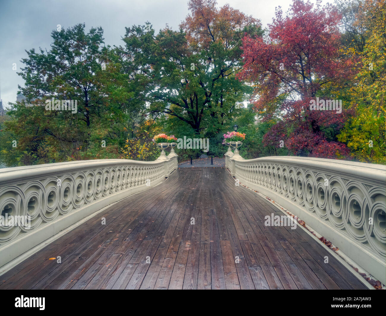 Bow bridge, Central Park, New York City in autumn on rainy day Stock ...