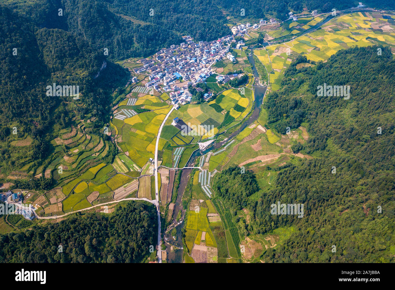 Aerial view of the terrace in Miao autonomous prefecture, central China ...