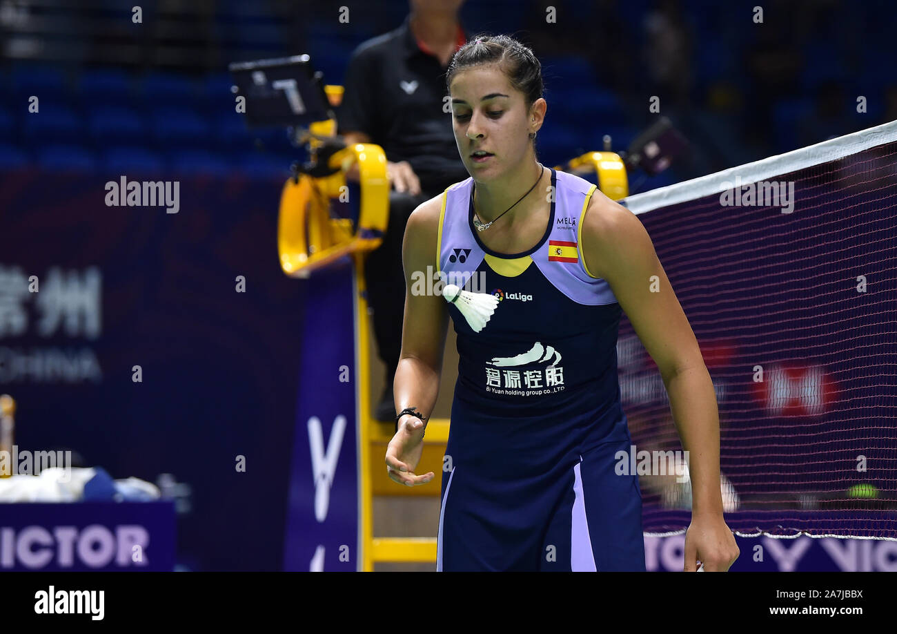 Spanish professional badminton player Carolina Marin competes against ...