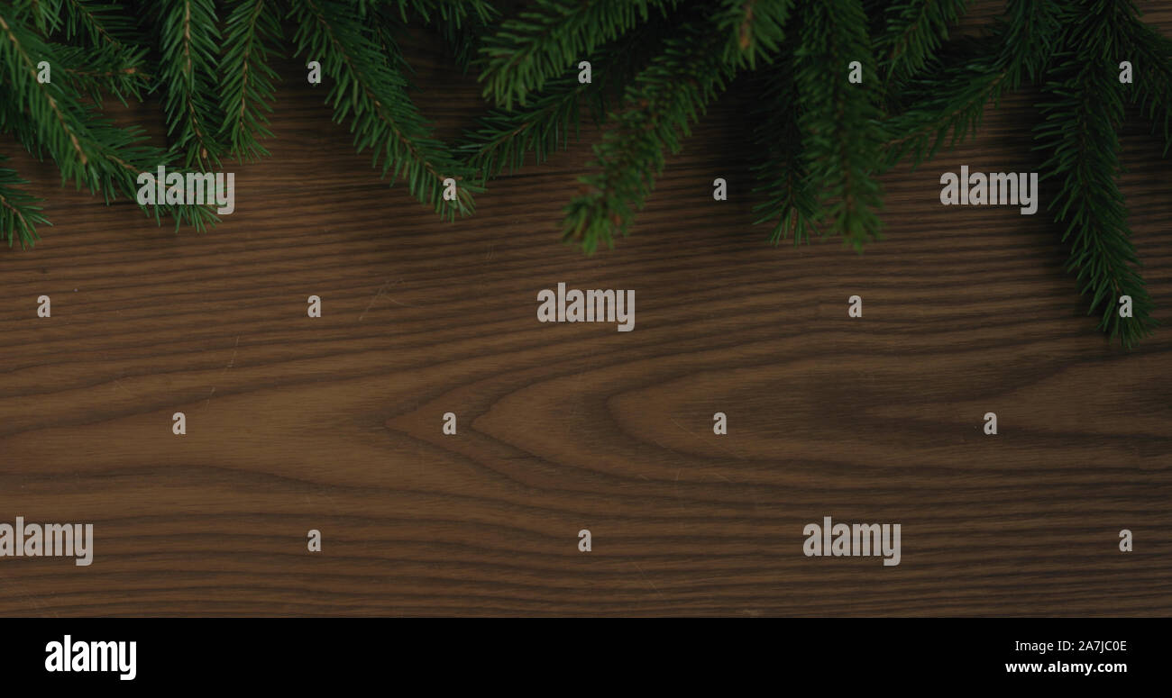 Top view ash table decorated with spruce twigs, wide photo Stock Photo ...