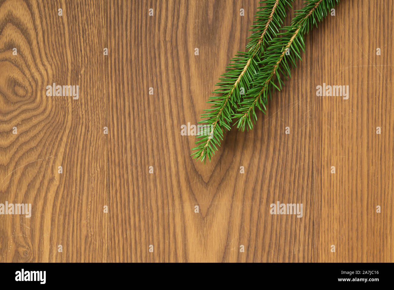 Flat lay christmas background with spruce twigs on ash wood surface ...