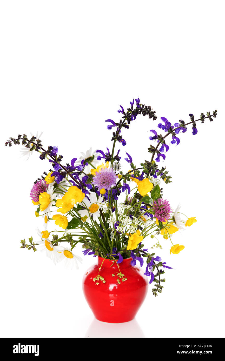 red vase with a bunch of wild flowers Stock Photo - Alamy