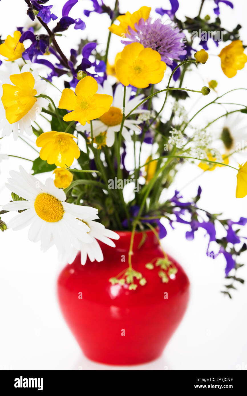 red vase with a bunch of wild flowers Stock Photo - Alamy