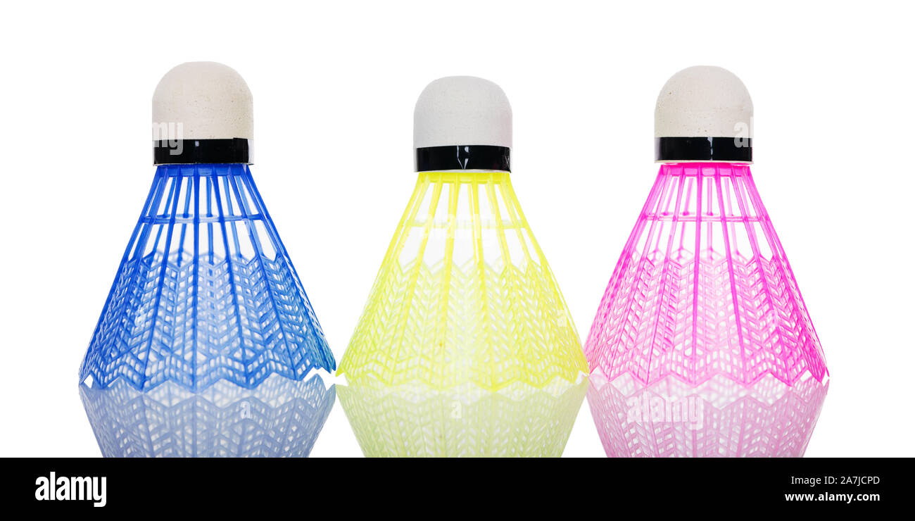 three colorful shuttlecocks, isolated in front of white background ...