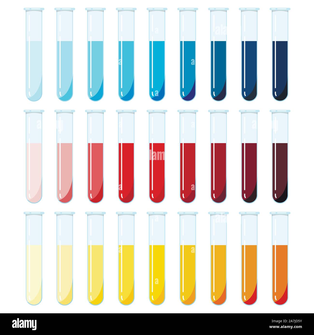 Vector set of glass test tubes with red, blue, yellow liquid reagents ...