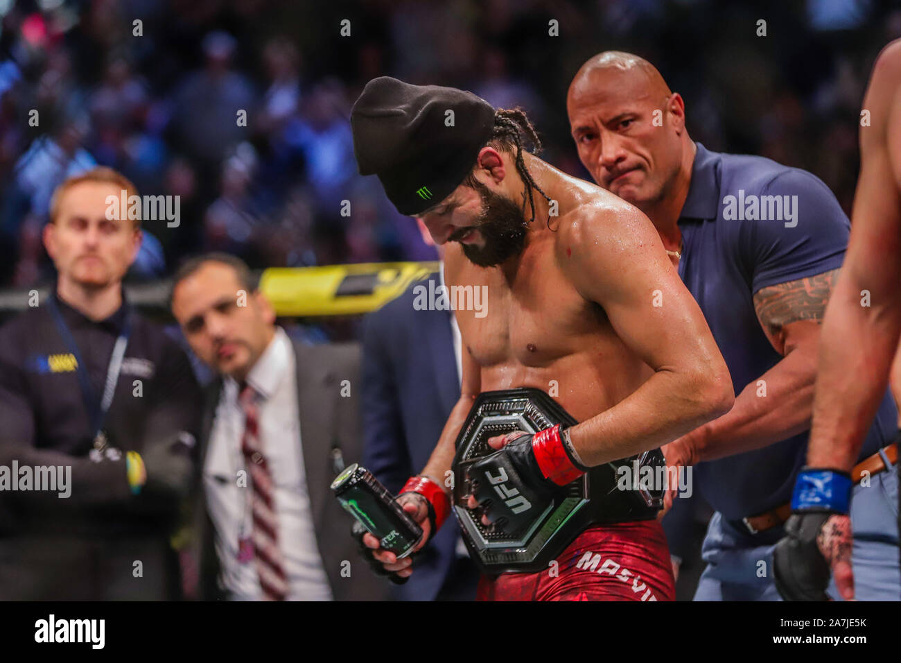 New York, USA. 2nd Nov, 2019. Jorge Masvidal (Red) and Nate Diaz (Blue ...