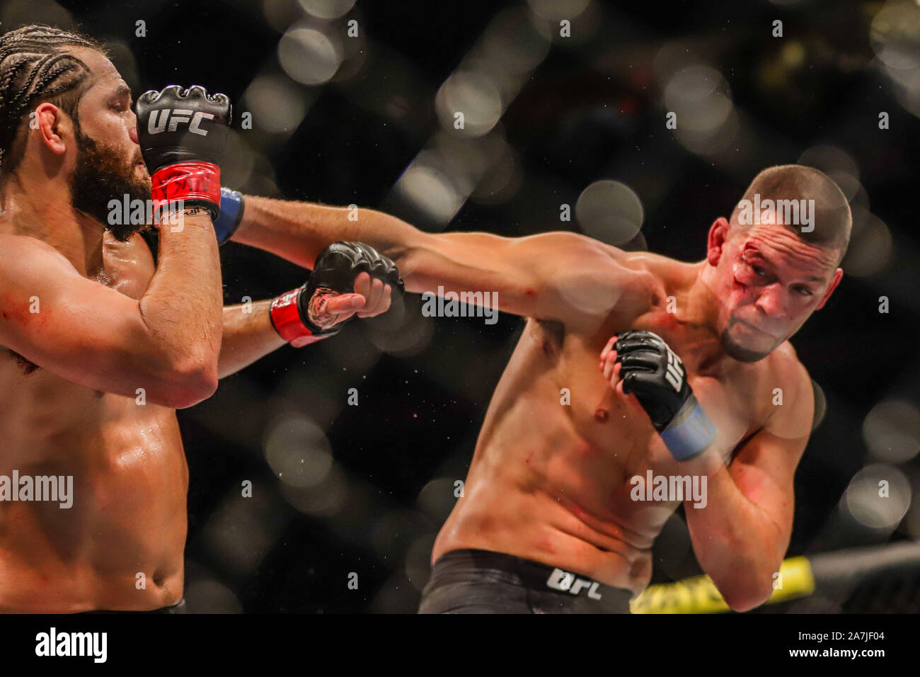New York, USA. 2nd Nov, 2019. Jorge Masvidal (Red) and Nate Diaz (Blue ...