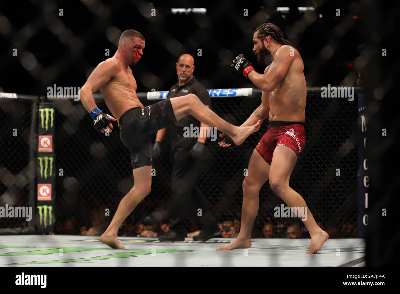 New York, USA. 2nd Nov, 2019. Jorge Masvidal (Red) and Nate Diaz (Blue ...